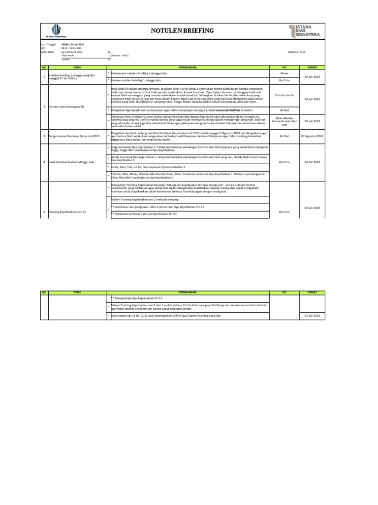 Notulen Briefing 24 Juli 2023 | PDF