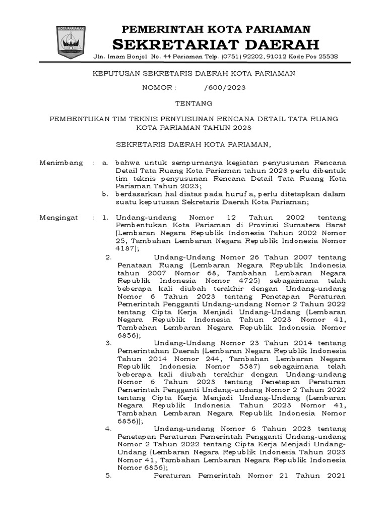 SK Pembentukan Tim Teknis Penyusunan RDTR Kota Pariaman Tahun 2023 - 230818-030634 | PDF