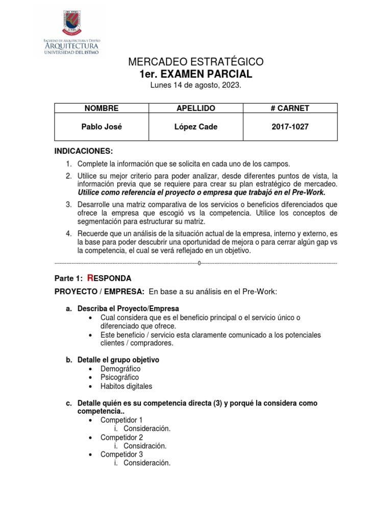 1er. Examen Parcial Pablo José López Cade - Mercadeo Estratégico (2do ...