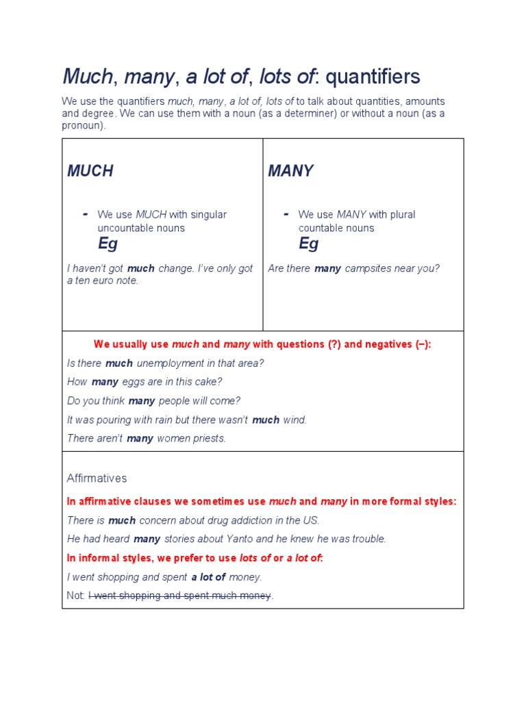 Many, Much, A Lot Of, Lots of | PDF | Noun | Plural