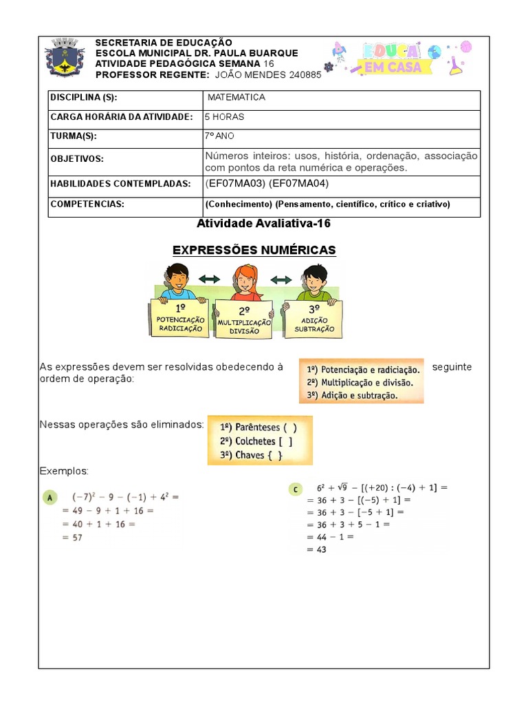 Atividade de Matemática 7º Ano: Expressões Numéricas | PDF | Métodos e Materiais de Ensino