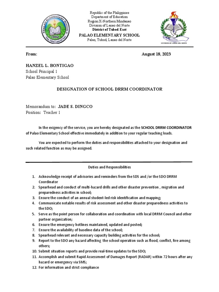Designation of School DRRM Coordinator | PDF | Emergency Management ...