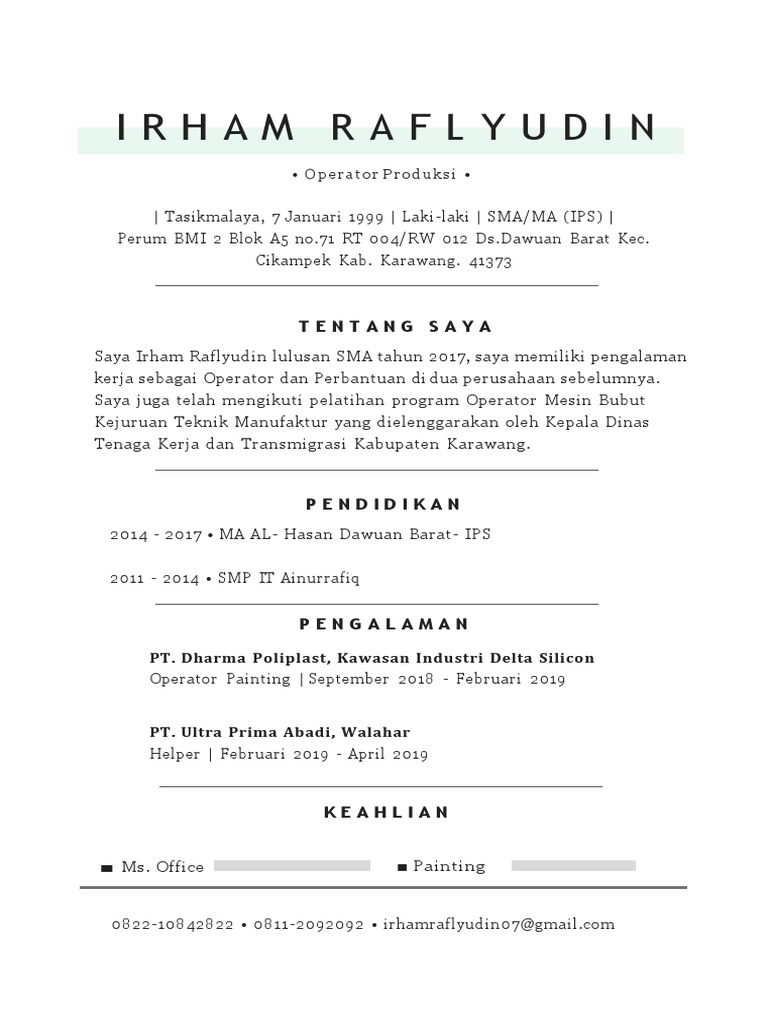 Profil Operator Produksi Irham | PDF