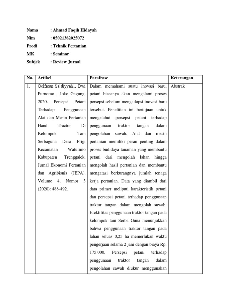 Contoh Review Jurnal Pertanian Tulis Tangan | PDF