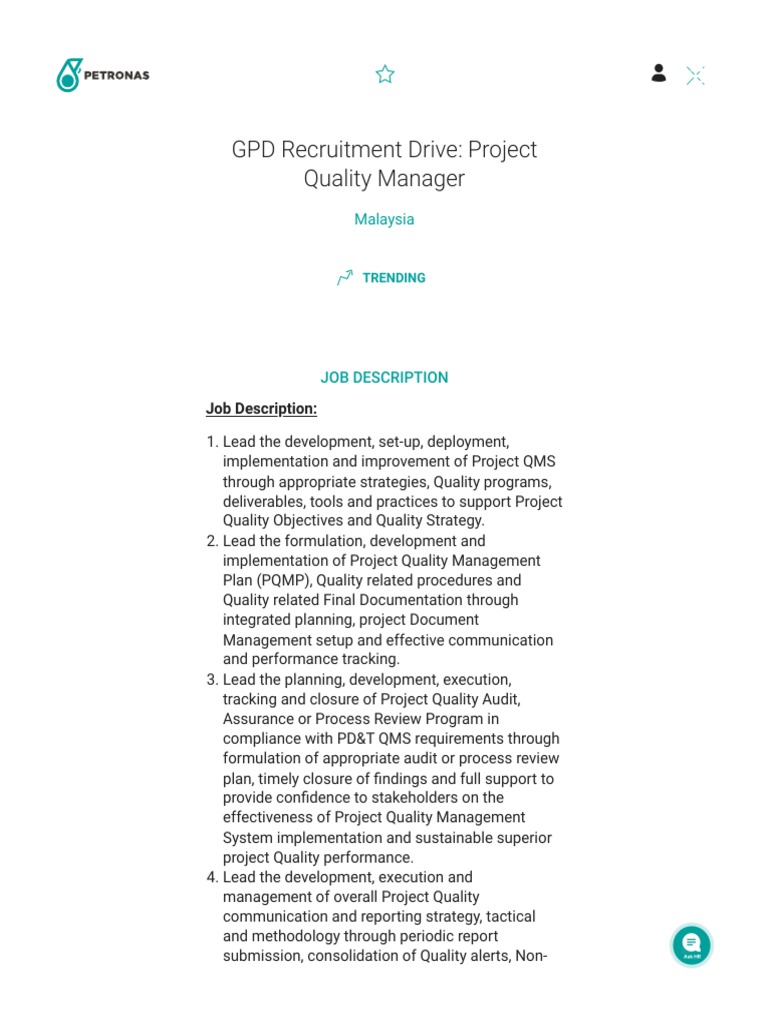 GPD Recruitment Drive - Project Quality Manager - PETRONAS Careers ...