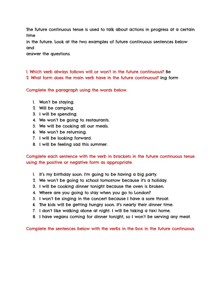 Future Continuous Tense Exercises | PDF | Language Arts & Discipline | Wellness
