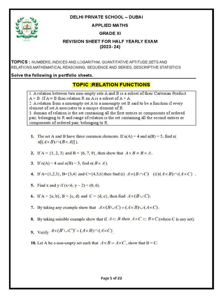 Applied Math Revision Sheet Halfyearly | PDF | Mean | Function (Mathematics)