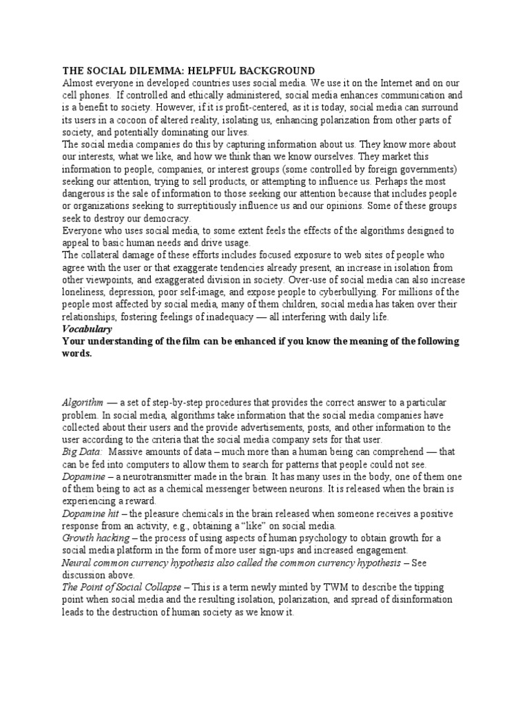 Understanding the Social Dilemma | PDF | Social Media | Popular Culture ...