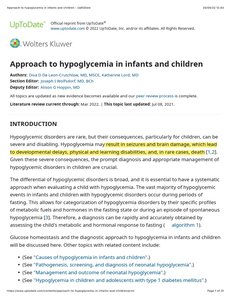 Approach To Hypoglycemia in Infants and Children - UpToDate | PDF ...
