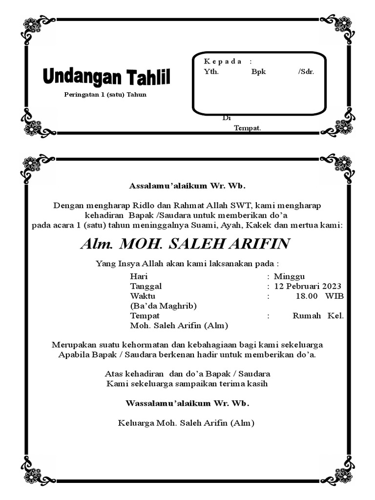 Undangan Tahlil 1 Tahun | PDF