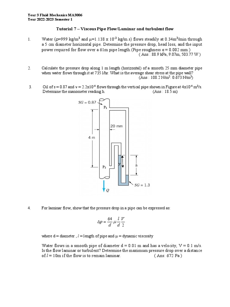 MA3006 Tutorials (7 To 10) Answers | PDF | Pump | Fluid Dynamics