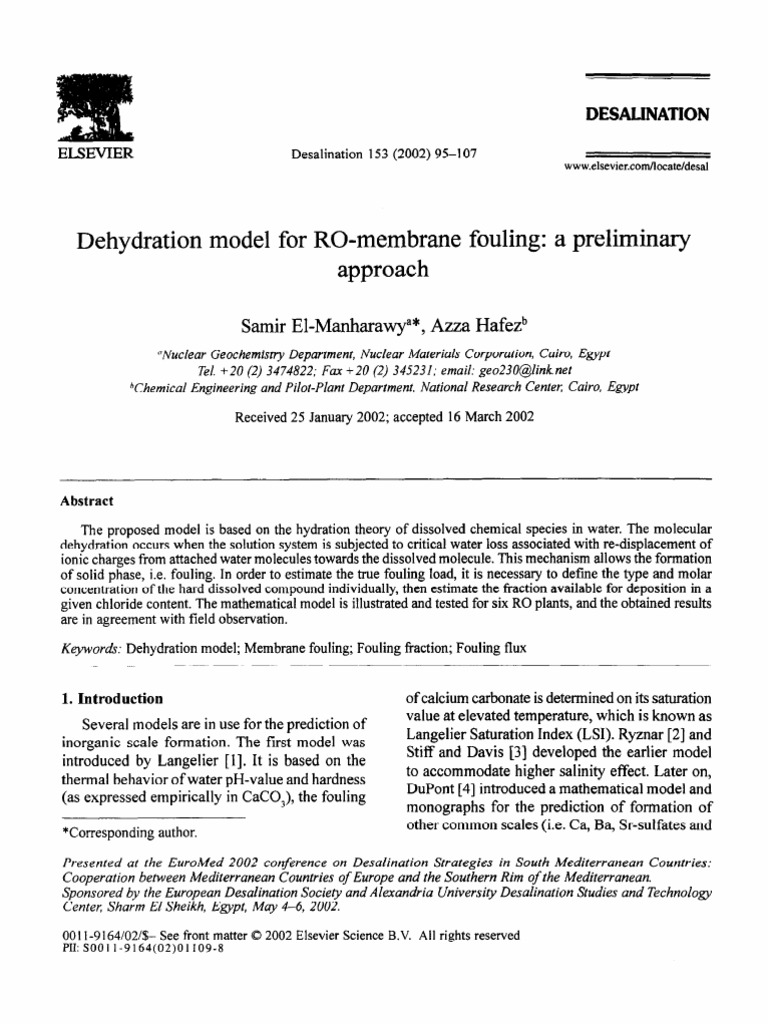 Dehydration Model For RO Membrane Foulin-88738206 | PDF