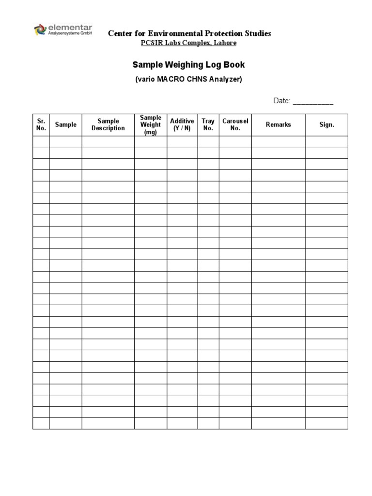 Sample Weighing Log for CHNS Analyzer | PDF | Science & Mathematics