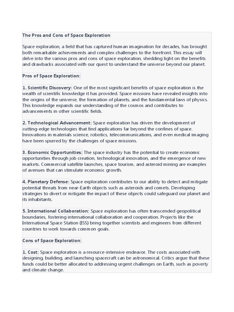 The Pros and Cons of Space Exploration | PDF