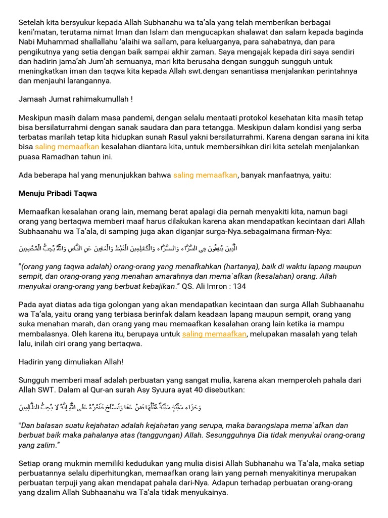 Khtubah Jumat Tema Memaafkan | PDF