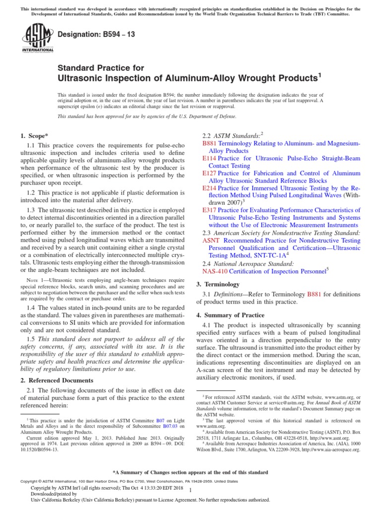 ASTM B594-2013 (UT of Aluminium) | PDF | Ultrasound | Nondestructive ...