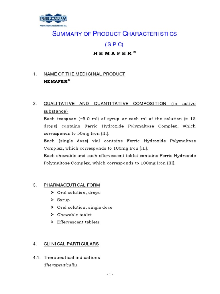 SPC Hemafer | PDF | Anemia | Dose (Biochemistry)