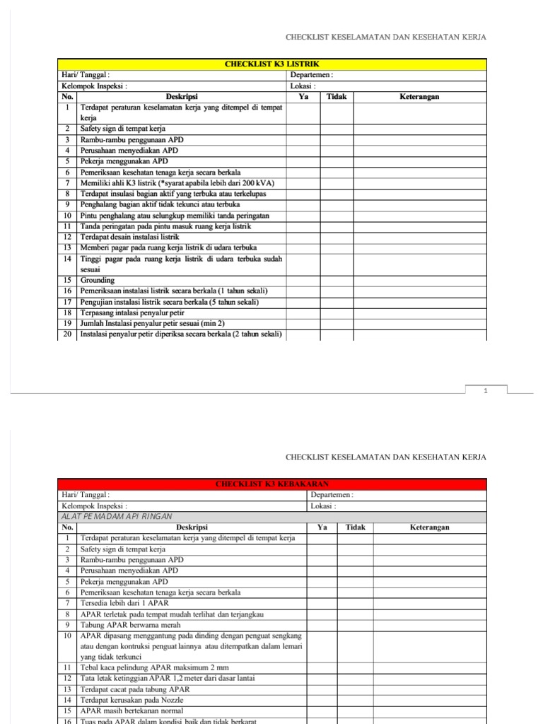Checklist Keselamatan Dan Kesehatan Kerja | PDF