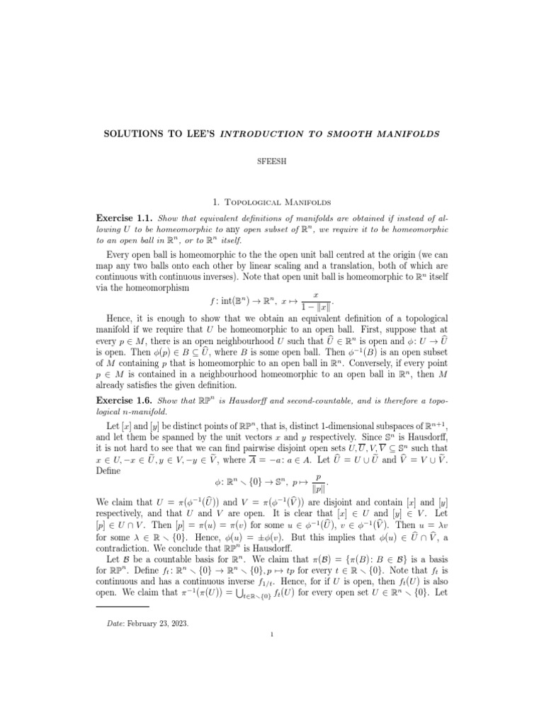 Solutions To Lee's Smooth Manifolds | PDF | Differentiable Manifold ...
