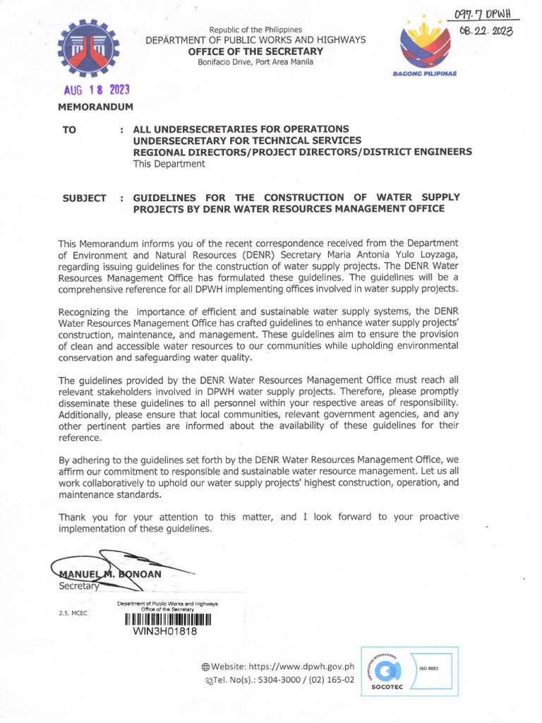Memo 097.7 - 081823 - Guidelines For The Construction of Water Supply ...