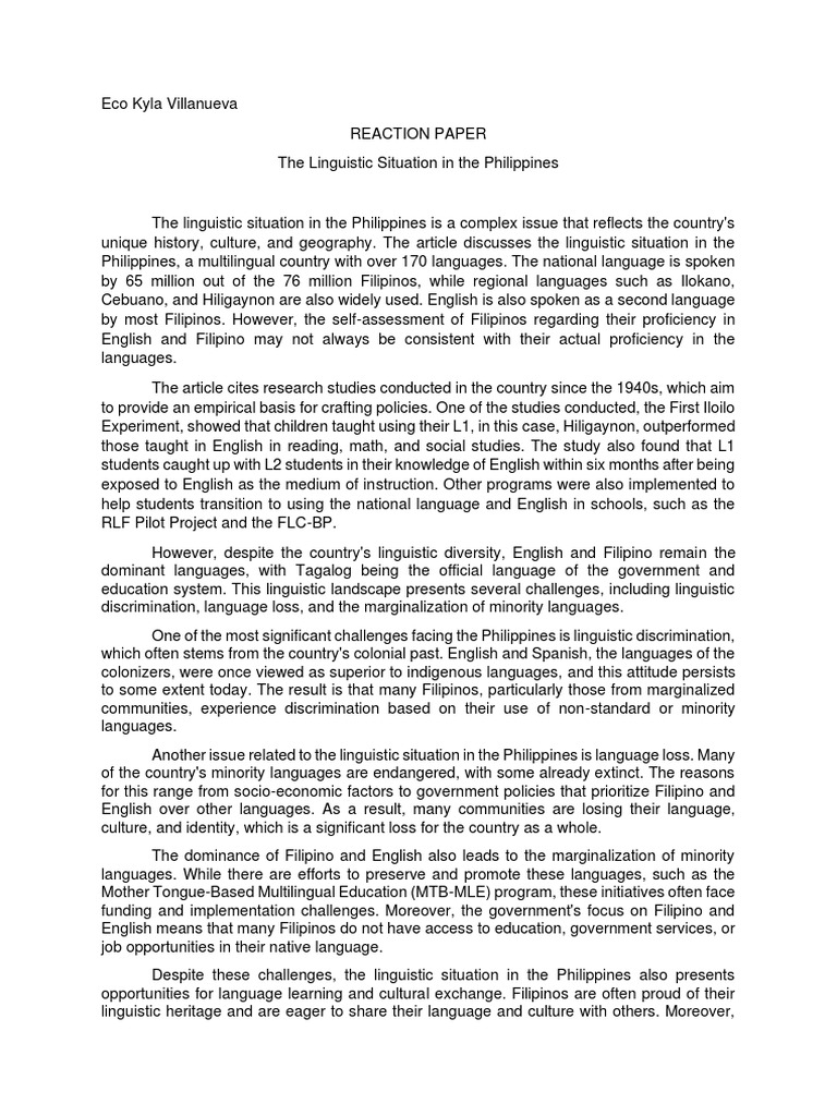 Villanueva Reaction Paper | PDF | Philippines | Multilingualism