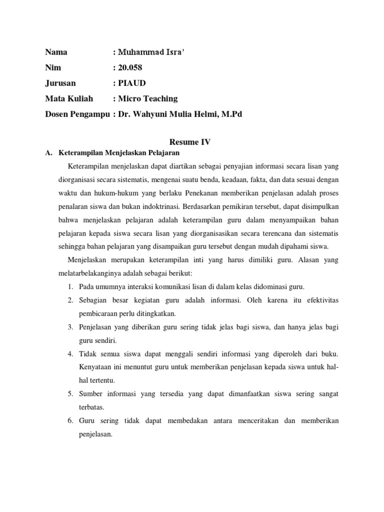 Resume 4 Micro Teaching (Muhammad Isra') | PDF