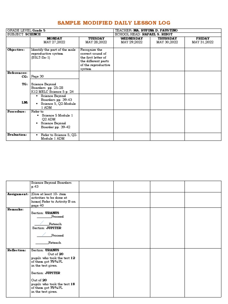 Modified Daily Lesson Plan. G1G5 | PDF