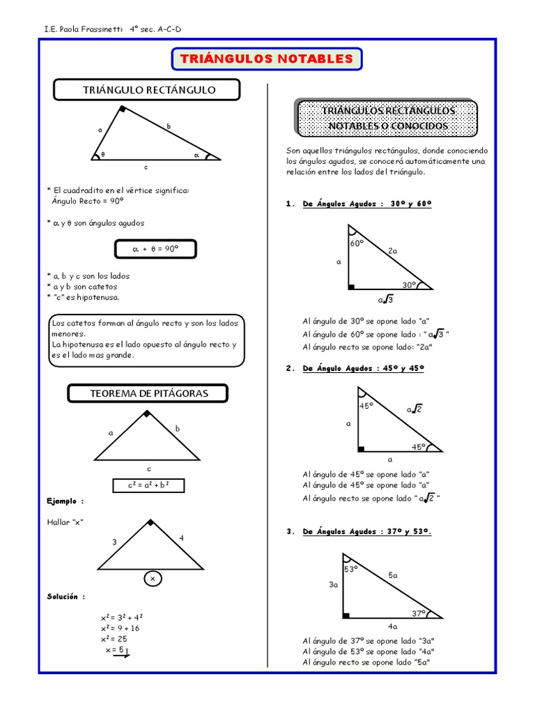 Triángulos Notables y Relaciones Metricas en El Triangulo Rectangulo | PDF