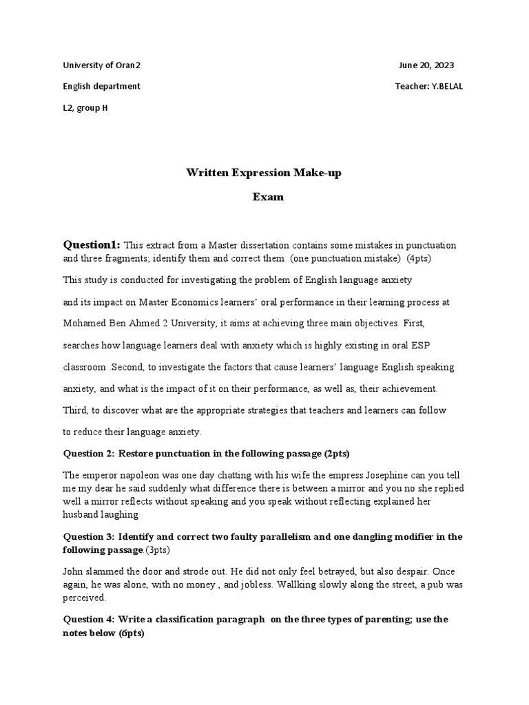 Re-Sit Exam in Written Expression For Second Year Students of English ...