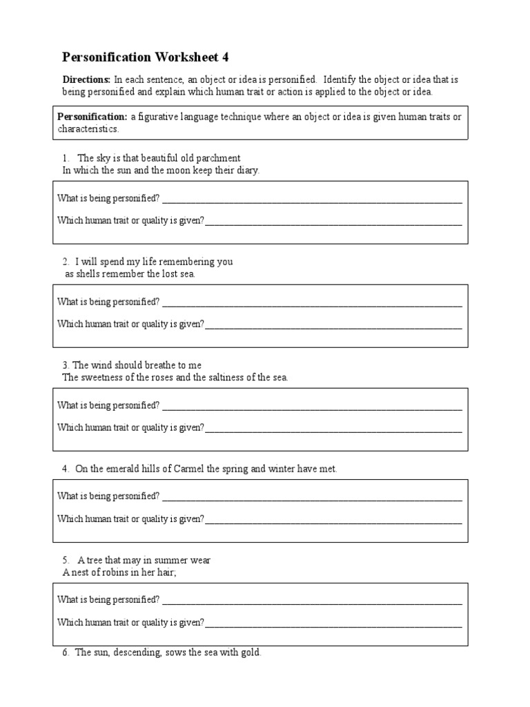 Personification Worksheet 4 | PDF