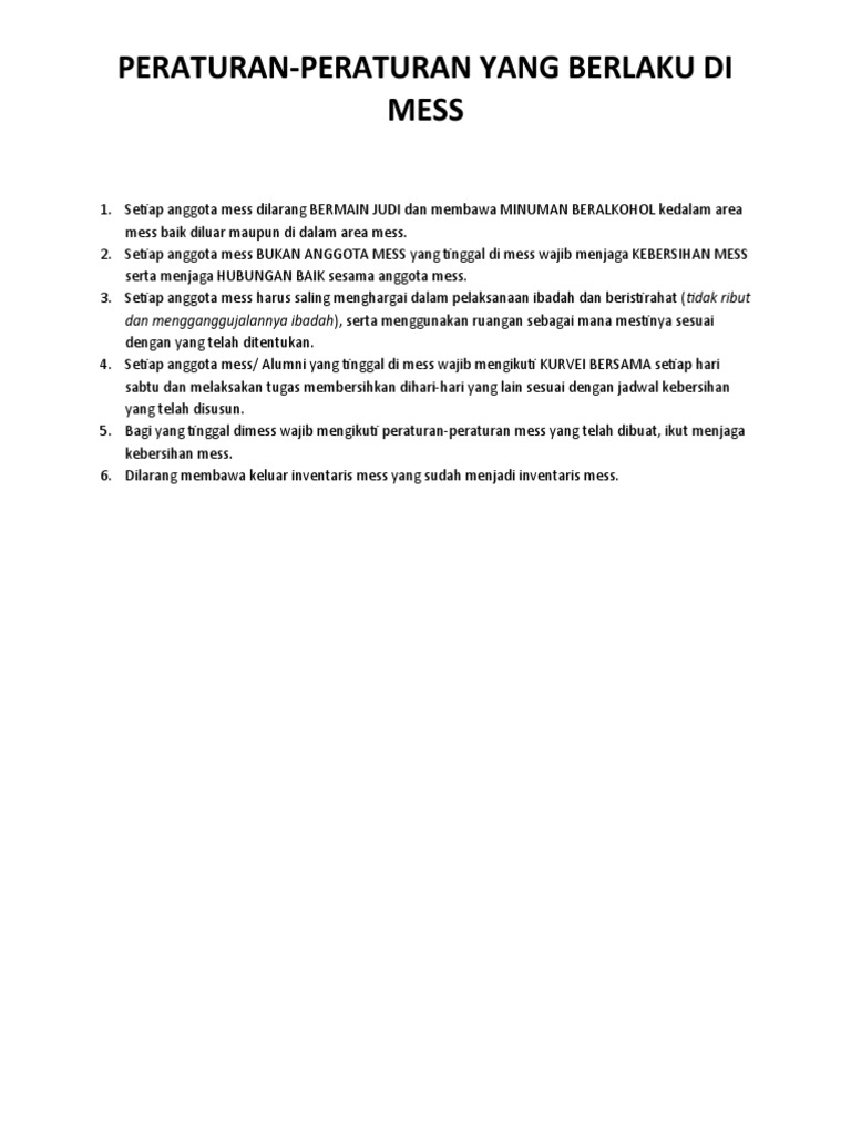 Aturan Tinggal di Mess | PDF