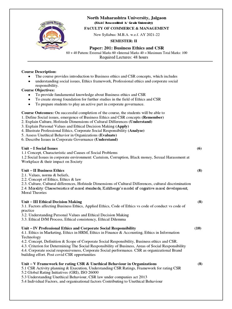 MBA Business Ethics & CSR Syllabus | PDF | Corporate Social ...
