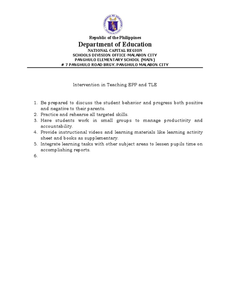 Intervention in Teaching EPP and TLE | PDF