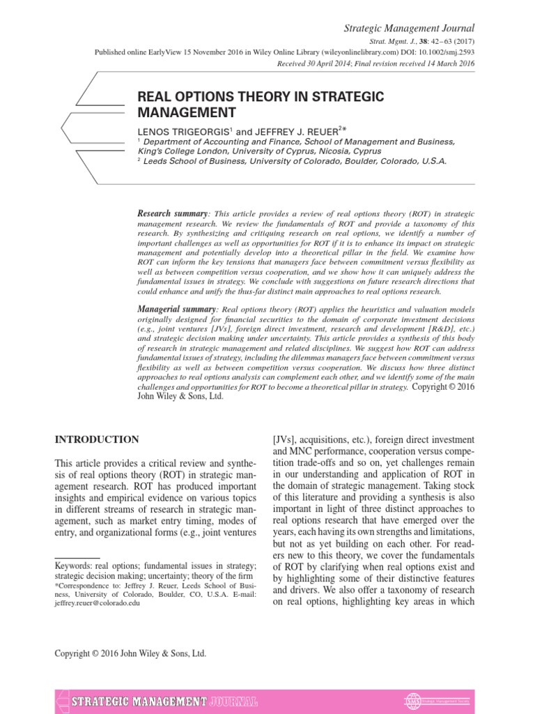 Real Options Theory - Trigeorgis and Reuer (2017) | Download Free PDF | Option (Finance ...