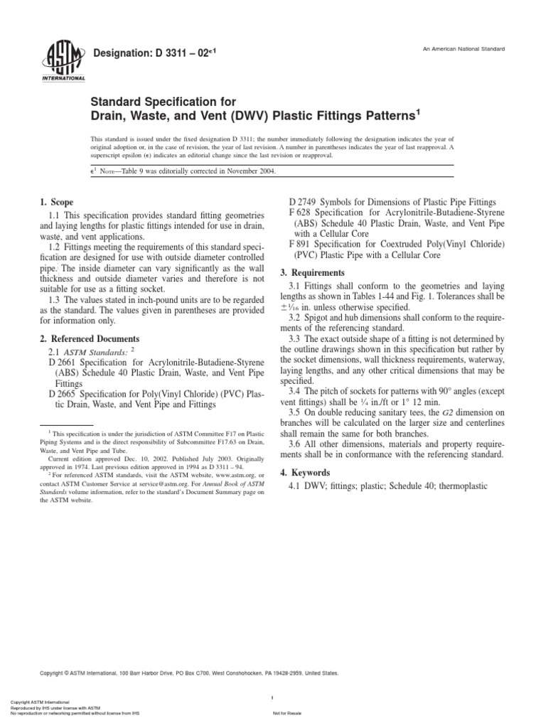ASTM - D3311 Drain, Waste, and Vent (DWV) Plastic Fittings Patterns | PDF