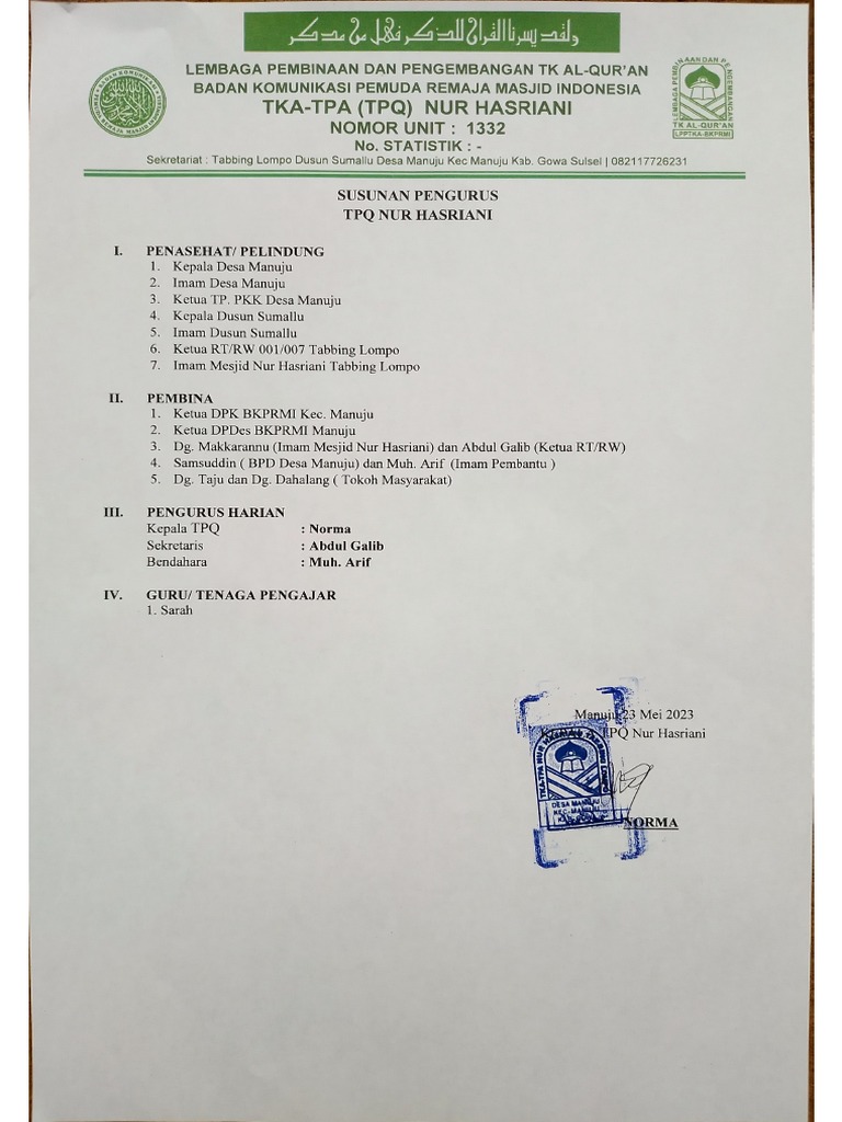 Susunan Pengurus Tpa | PDF