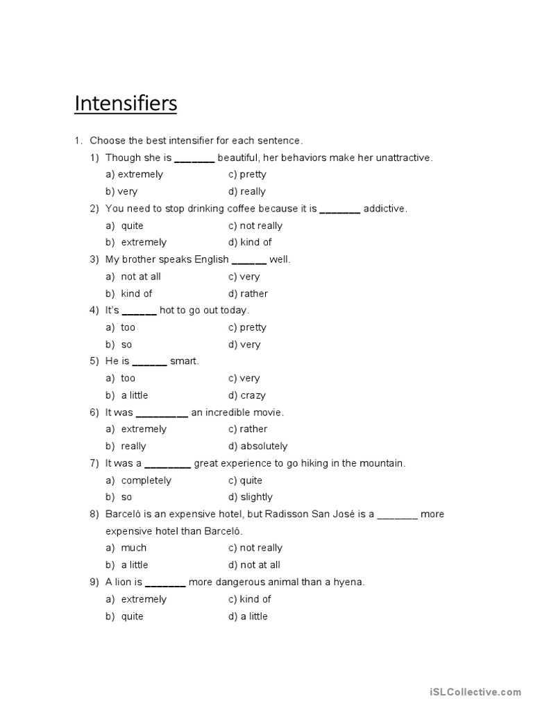 Intensifiers Exercise Worksheet | PDF