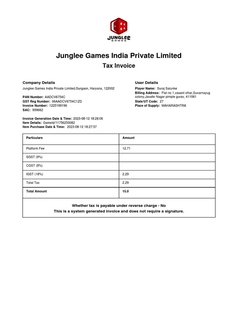 Junglee Games India Private Limited: Tax Invoice | PDF
