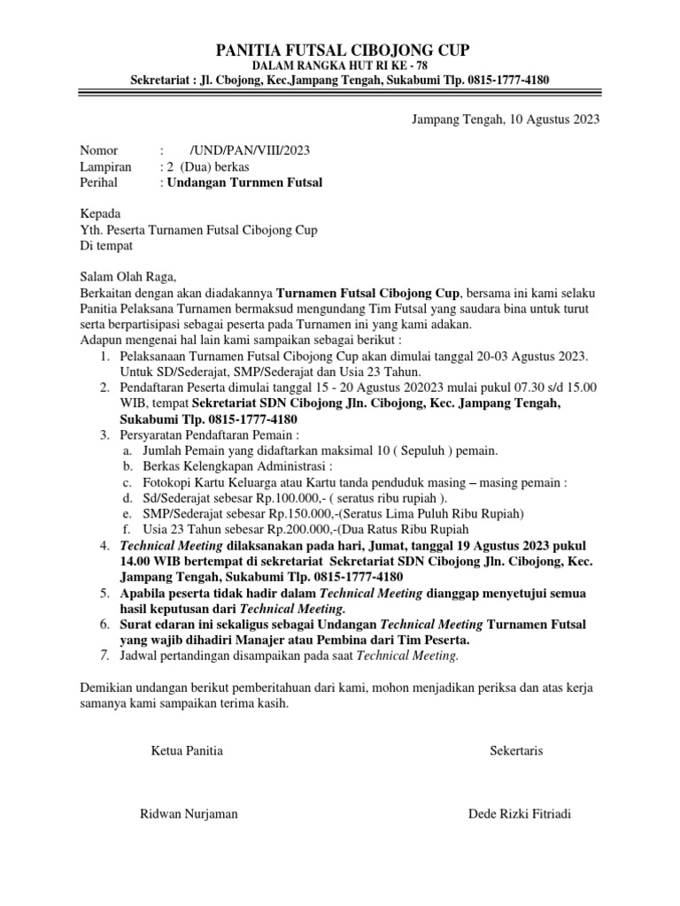 Surat Undangan Futsal Cibojong Cup | PDF