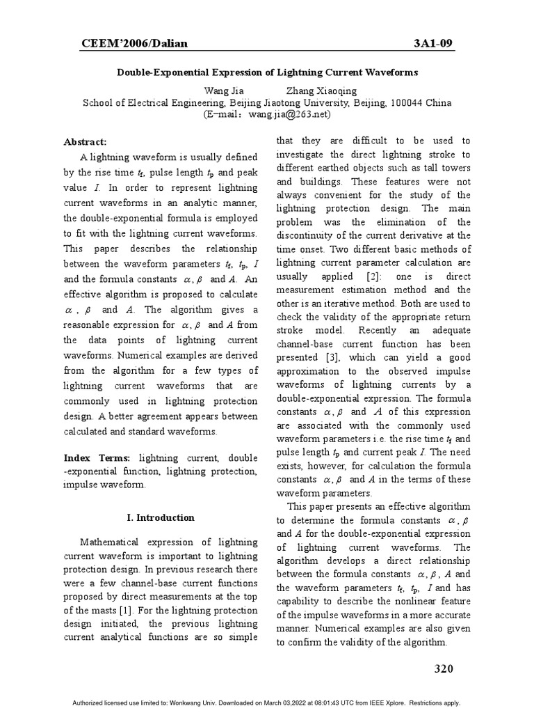 Double-Exponential Expression of Lightning Current Waveforms | PDF ...