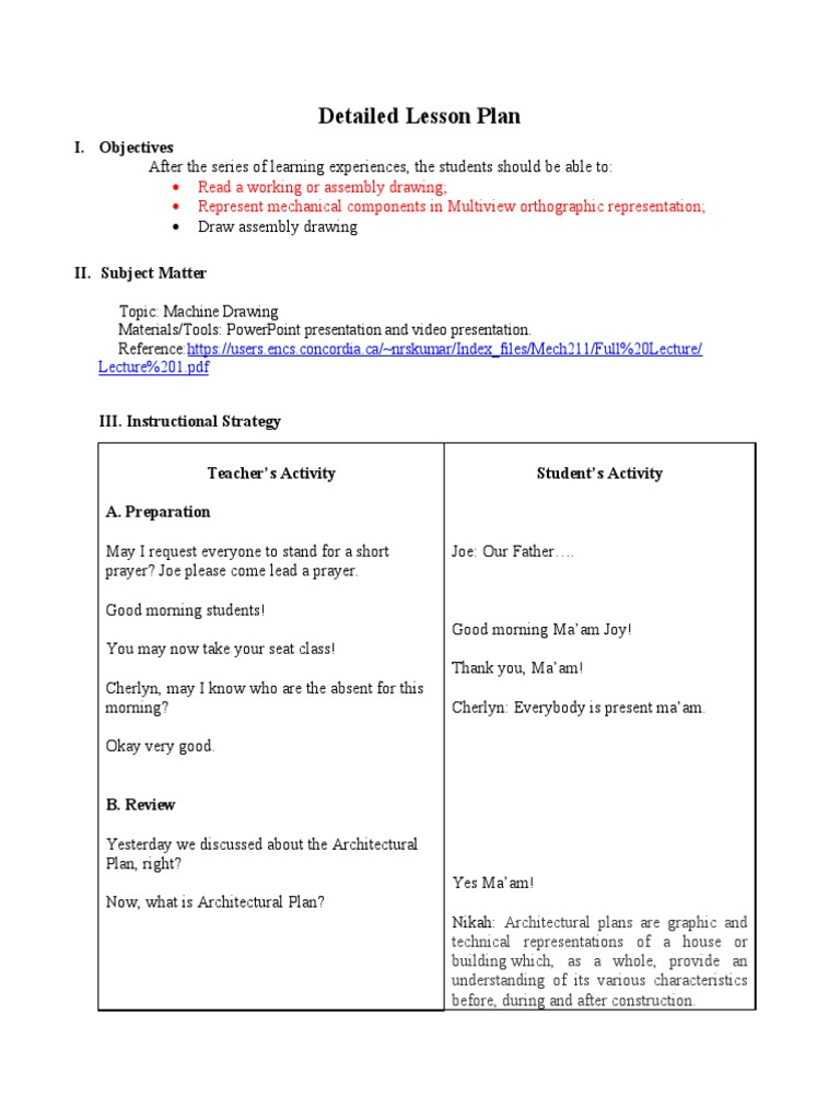 Machine Drawing - Deatiled Lesson Plan | PDF