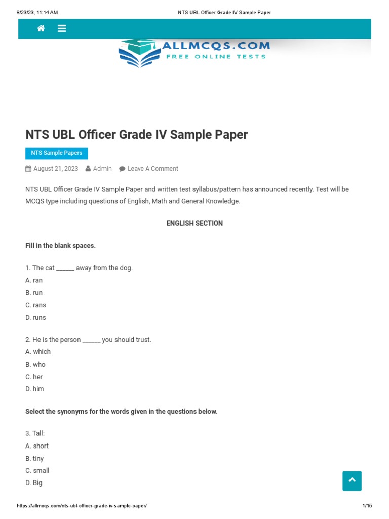 NTS UBL Officer Grade IV Sample Paper | PDF