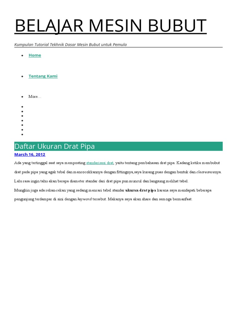 Daftar Ukuran Drat Pipa | PDF