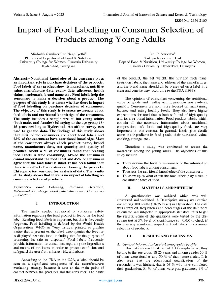 Impact of Food Labelling On Consumer Selection of Products Among Young ...