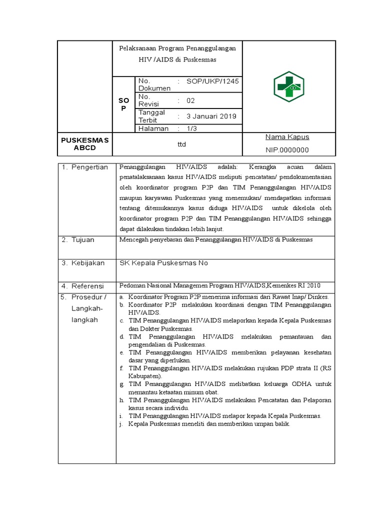 SOP Pelaksanaan Program Penanggulangan HIV AIDS | PDF | Kesehatan Holistik | Sains & Matematika