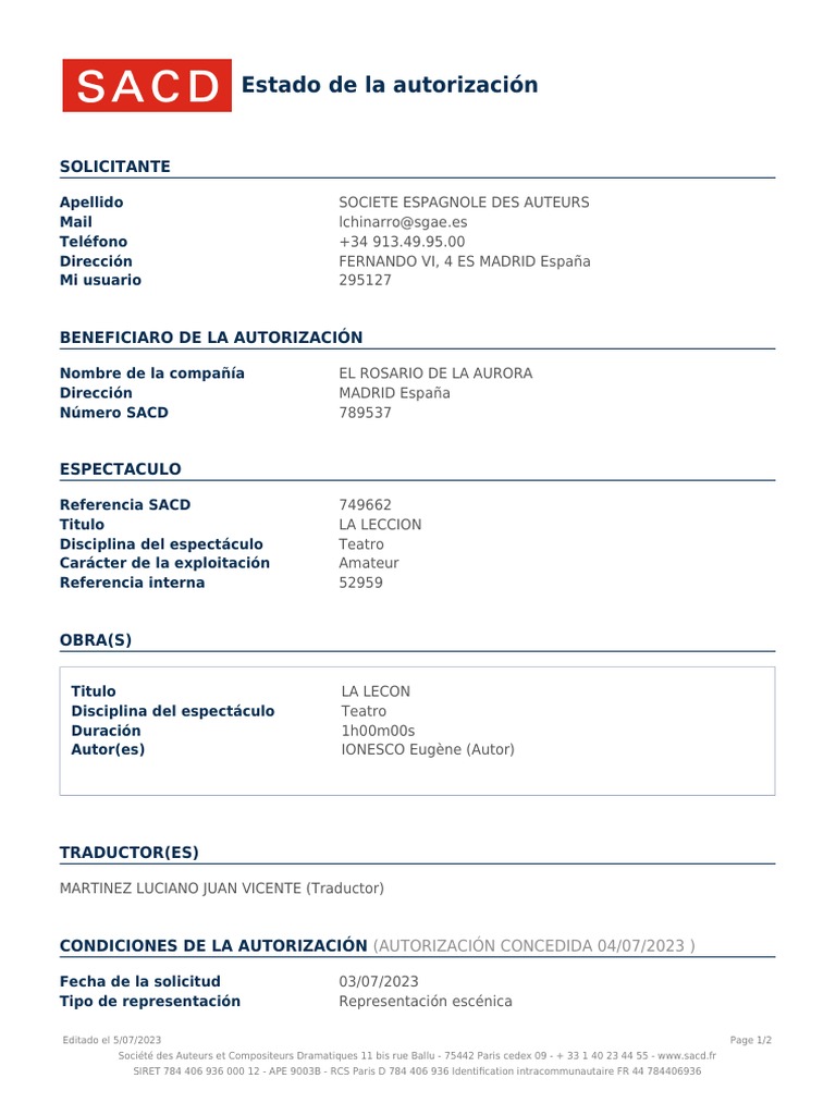 Autorización de La SGAE para La Lección | PDF