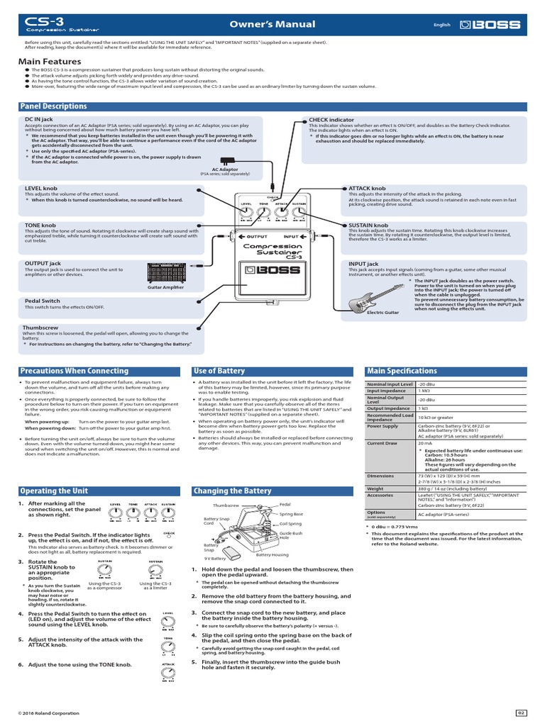 BOSS Compressor Sustainer (CS-3) | PDF | Power Supply | Amplifier