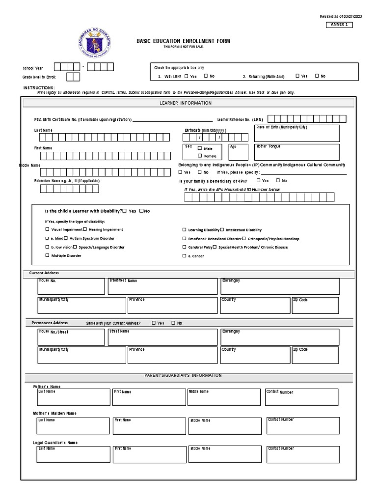Annex Basic Education Enrollment Form | PDF