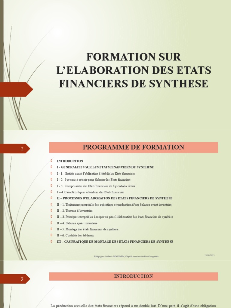 Formation Sur L'elaboration Des Etats Financiers de Synthese | PDF | Comptabilité | Bilan comptable