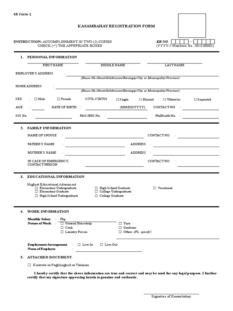 Kasambahay Registration Form KR-1 | PDF | Government